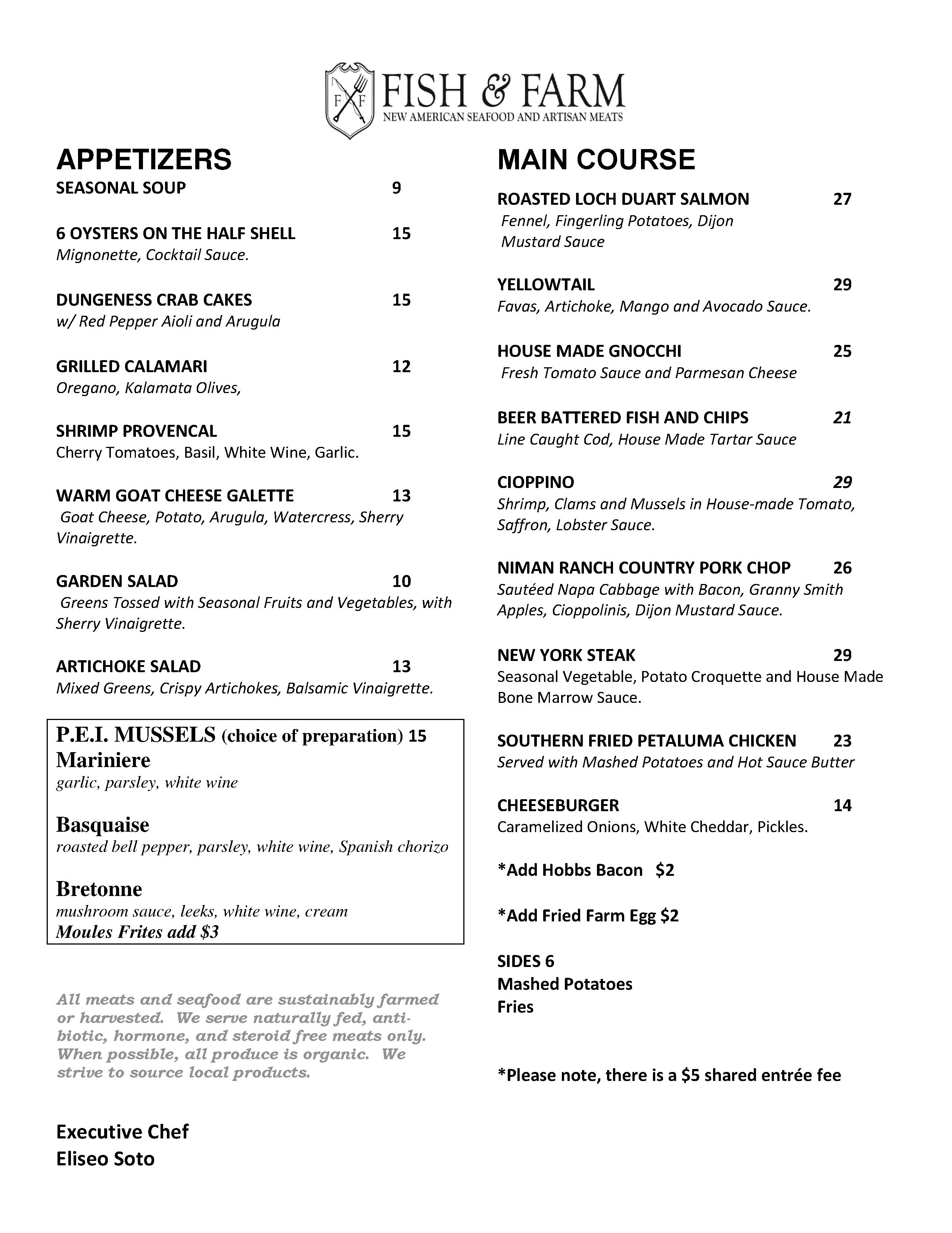 Dinner menu Fish And Farm